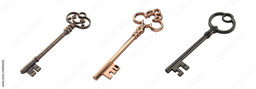 Vintage key set isolated on transparent background. Decorative keys in ...