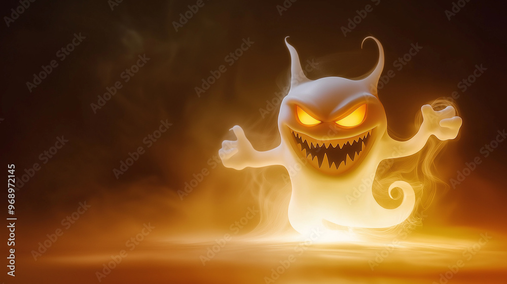 Angry and scary ghost with sharp teeth and glowing eyes floating ...