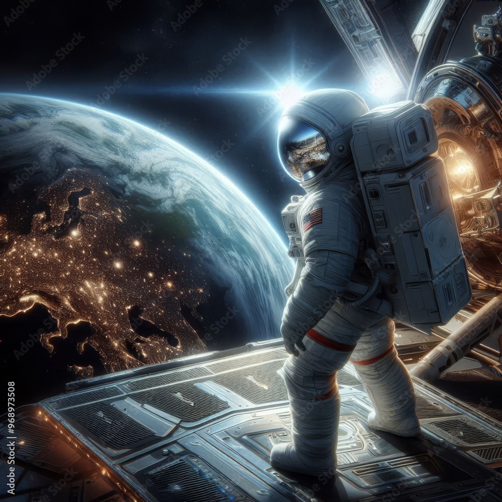 An astronaut in full gear gazes at the Earth illuminated by city lights from a space station ...