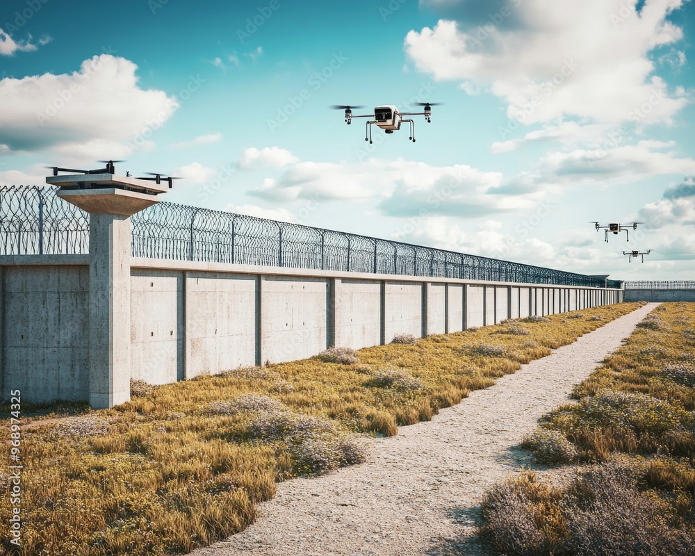 Security drones patrol a barbed-wire perimeter fence under a bright sky, showcasing advanced ...