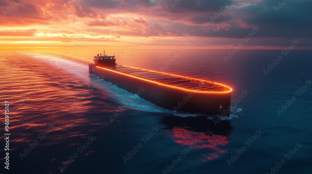 Futuristic AI-powered autonomous cargo ships navigating international ...