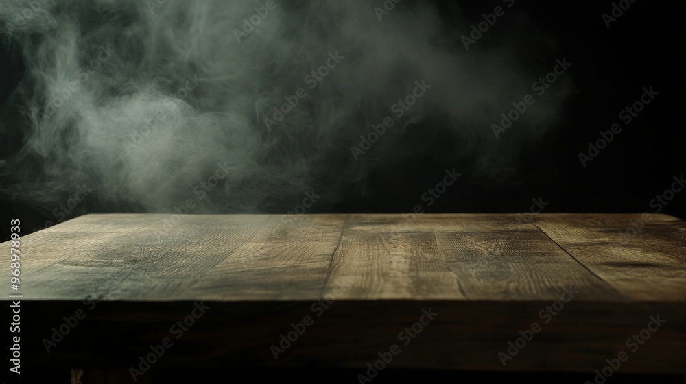 Against a black background, smoke floats up from an empty wooden table ...