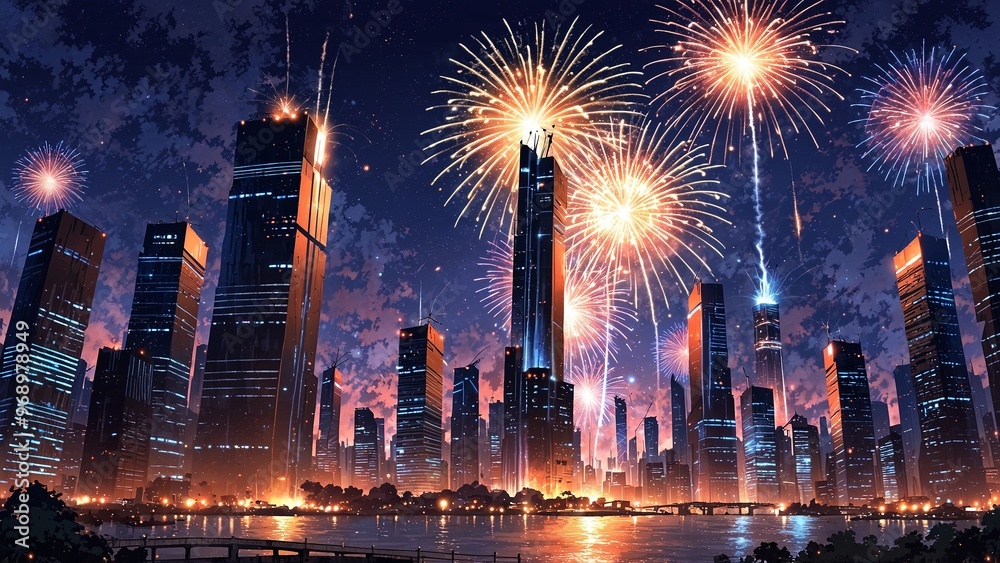 Mid-Autumn fireworks show in a futuristic city, with fireworks launched ...