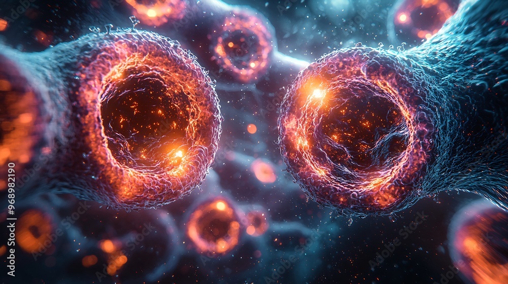 Semiabstract depiction of human cells undergoing mitosis with swirling ...