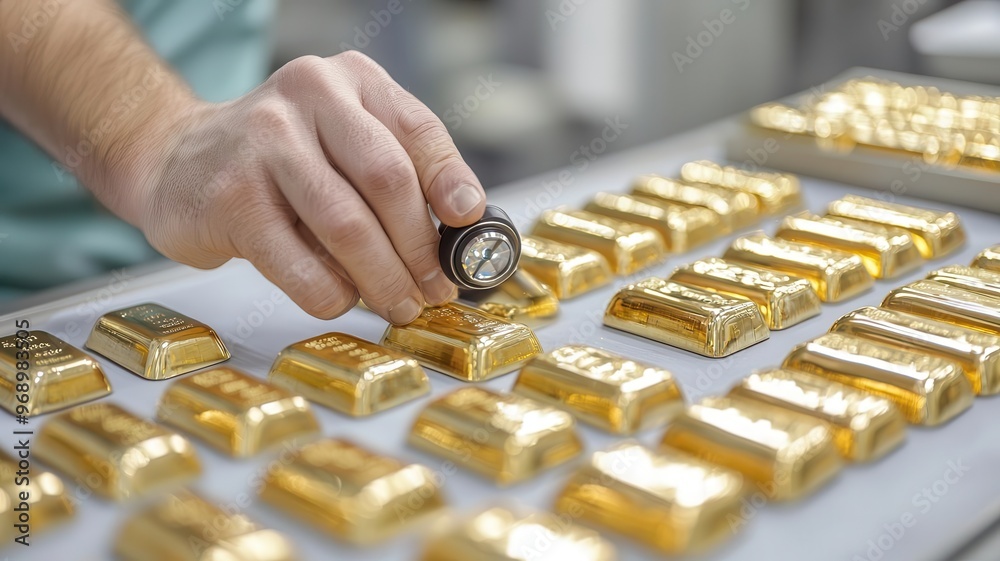 A worker inspecting gold bars with a loupe for quality control, Gold ...