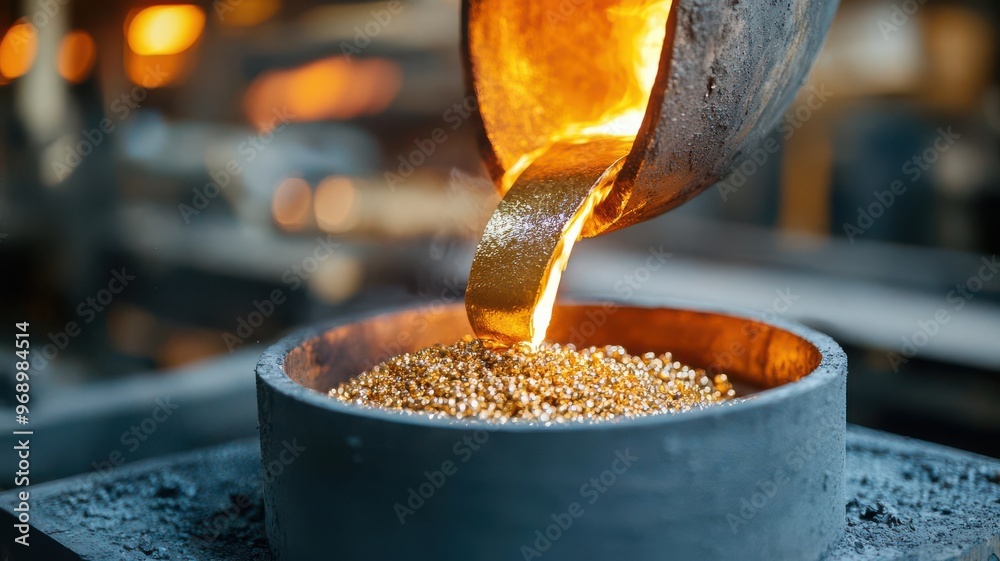 Gold being poured from a smelting pot into a mold, glowing in high heat ...
