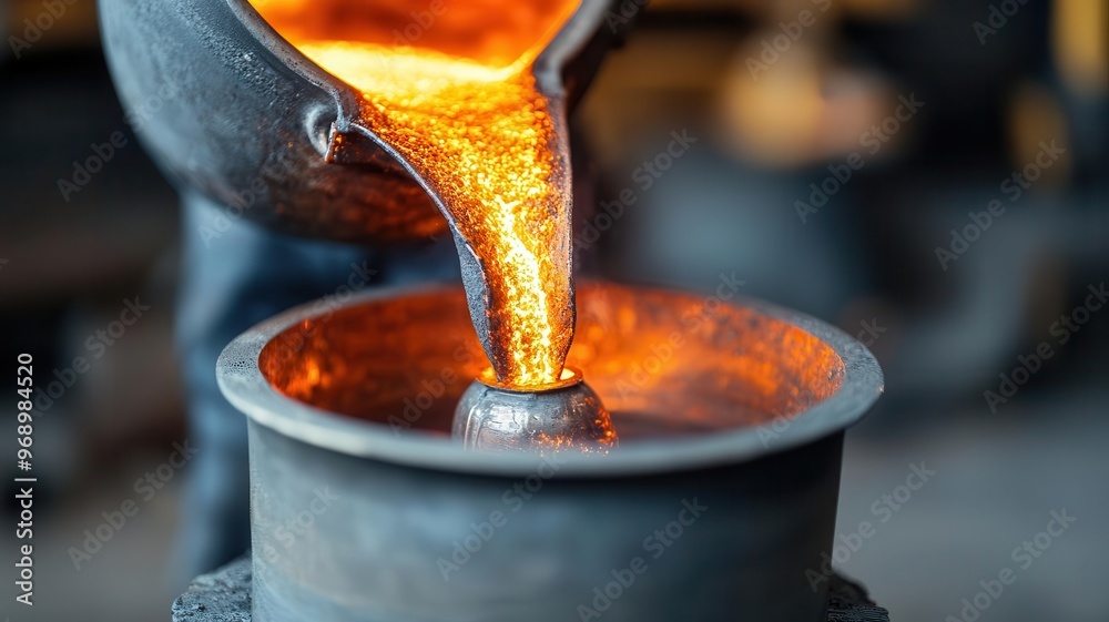 Gold being poured from a smelting pot into a mold, glowing in high heat ...