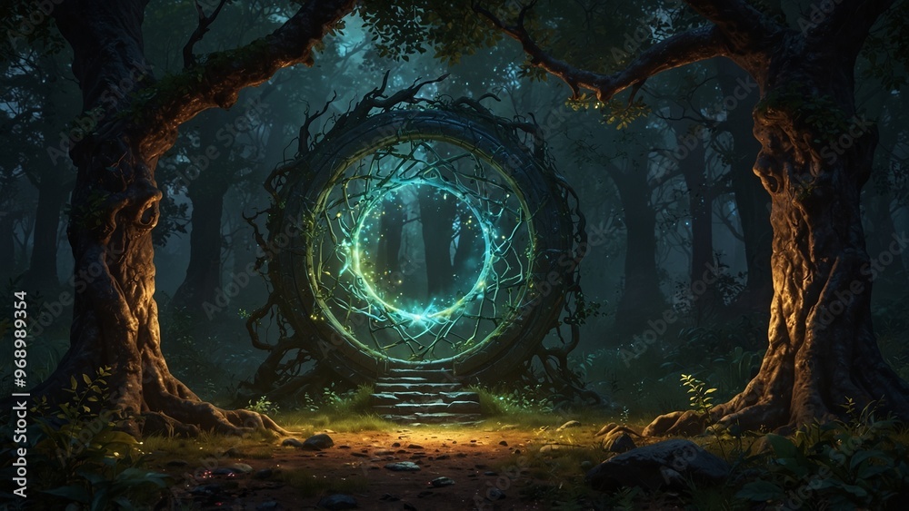 A mysterious magic portal in a secluded forest glade, shimmering with ...