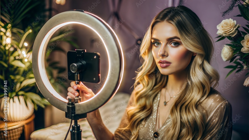 Beautiful Blonde Woman with Ring Light Filming in Glamorous Setting ...