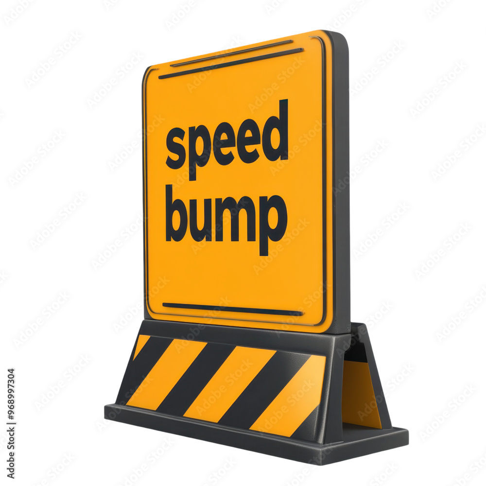 Bright yellow speed bump warning sign with black text and stripes ...