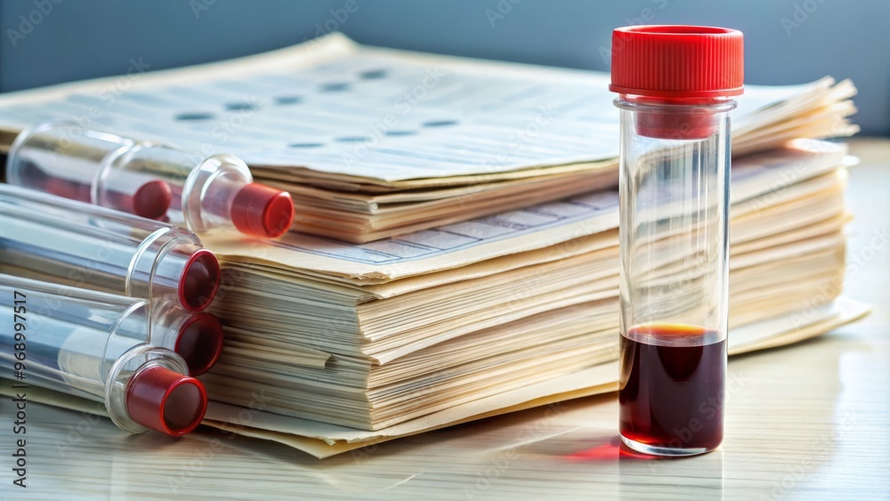 A stack of worn lab slips with faintly typed headers and scribbled ...