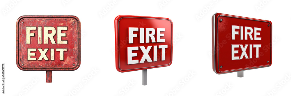 Three red fire exit signs with a modern design, symbolizing safety and ...