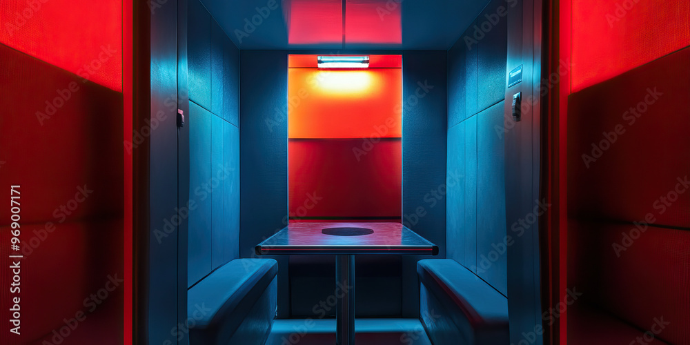 Interrogation Room: A dimly lit space, with a two-way mirror and a ...
