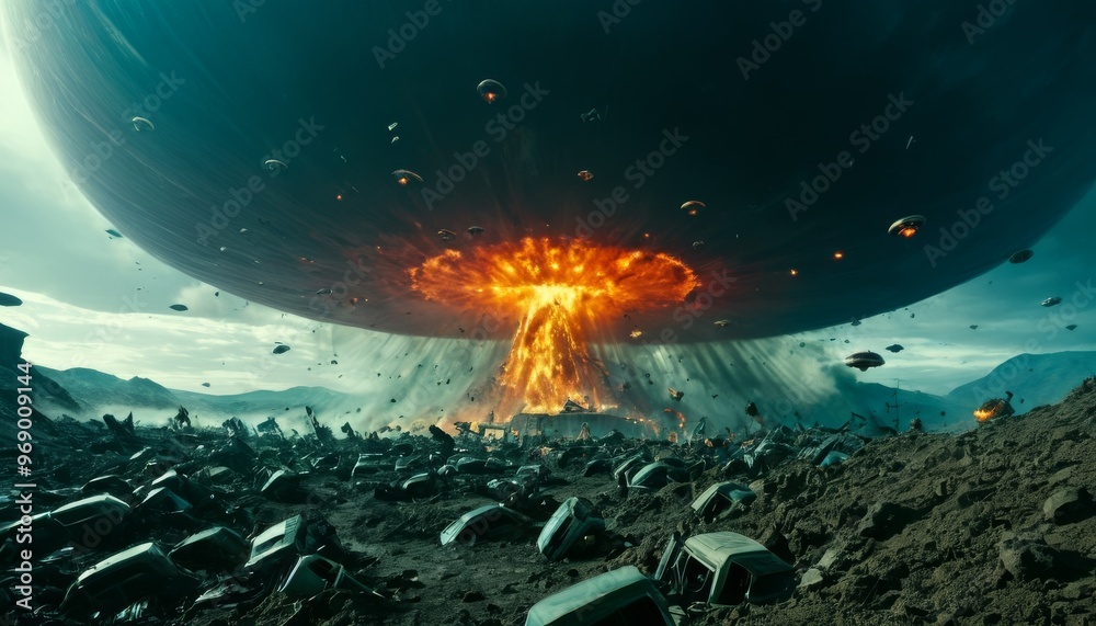 Dramatic apocalyptic scene depicting an alien invasion with a massive ...