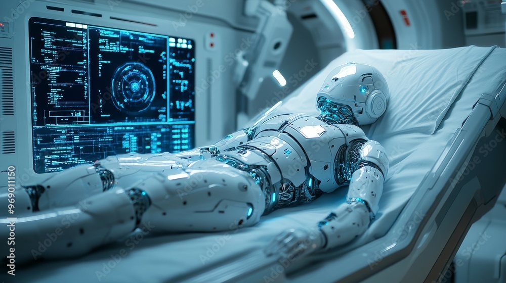 Futuristic AI-powered hospital systems managing patient intake and ...