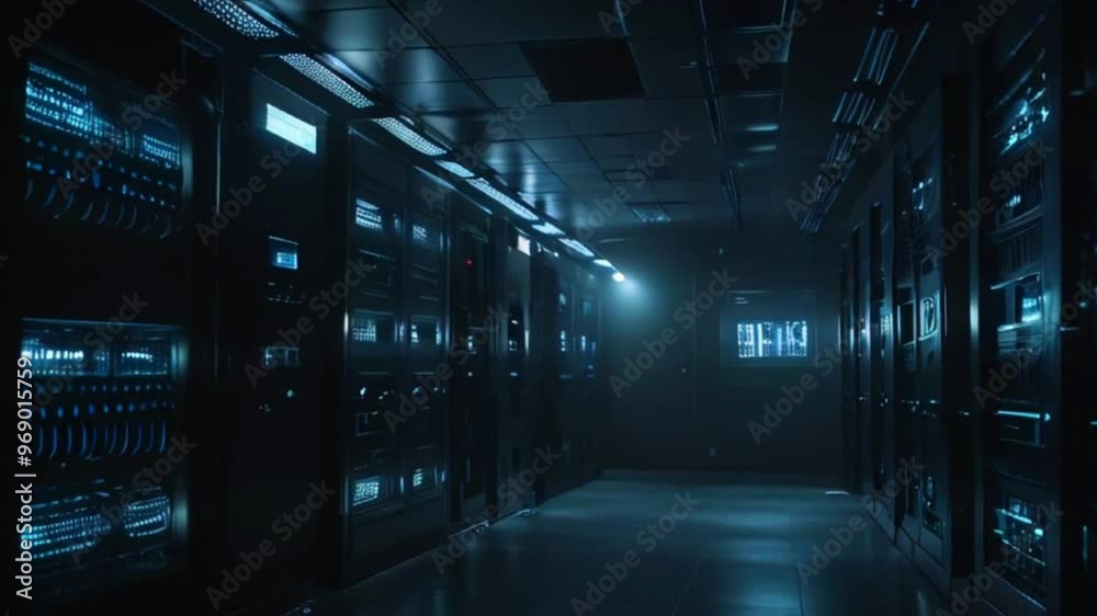 An empty server room with rows of black server racks lit by blue lights ...