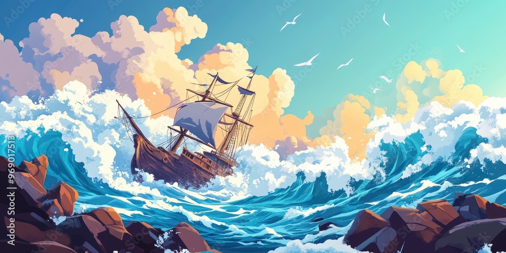 Cartoon illustration of a shipwreck amidst crashing waves Stock ...