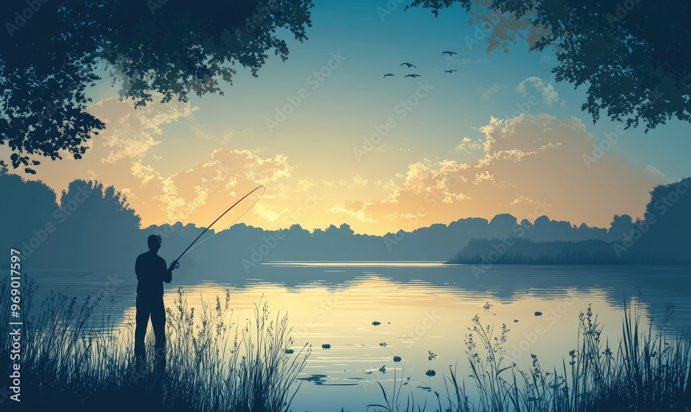 Silhouette of a man casting a fishing rod by a serene lake depicted in ...