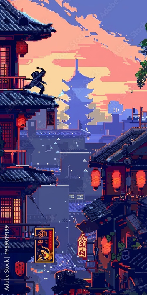8bit ninja, rooftop chase, pixel art style, vibrant colors ...