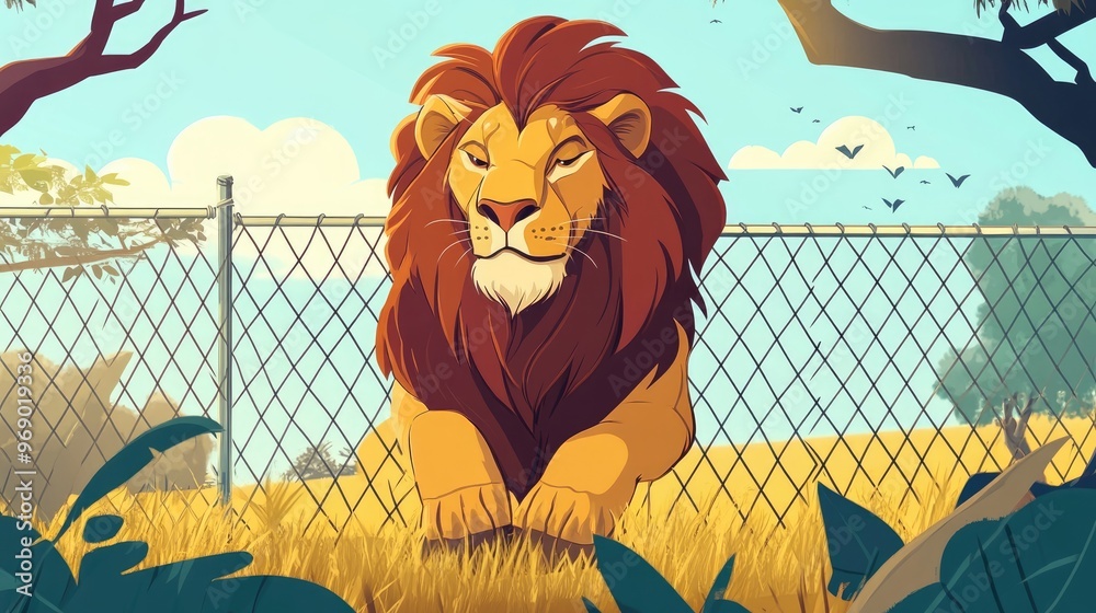 Lion in a wildlife park enclosed by a fence depicted in a 2D cartoon ...