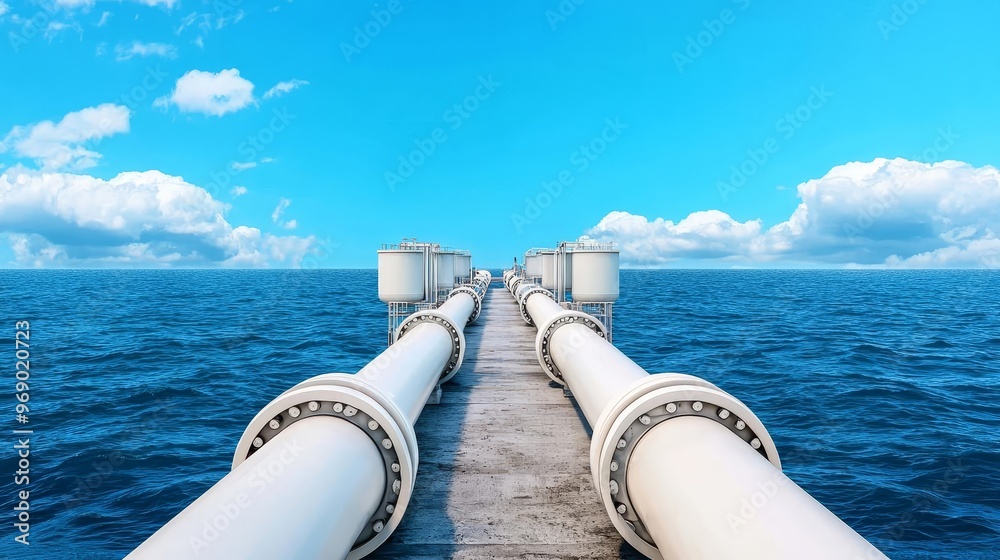 Coastal desalination plant, seawater intake pipes, evaporation tanks ...