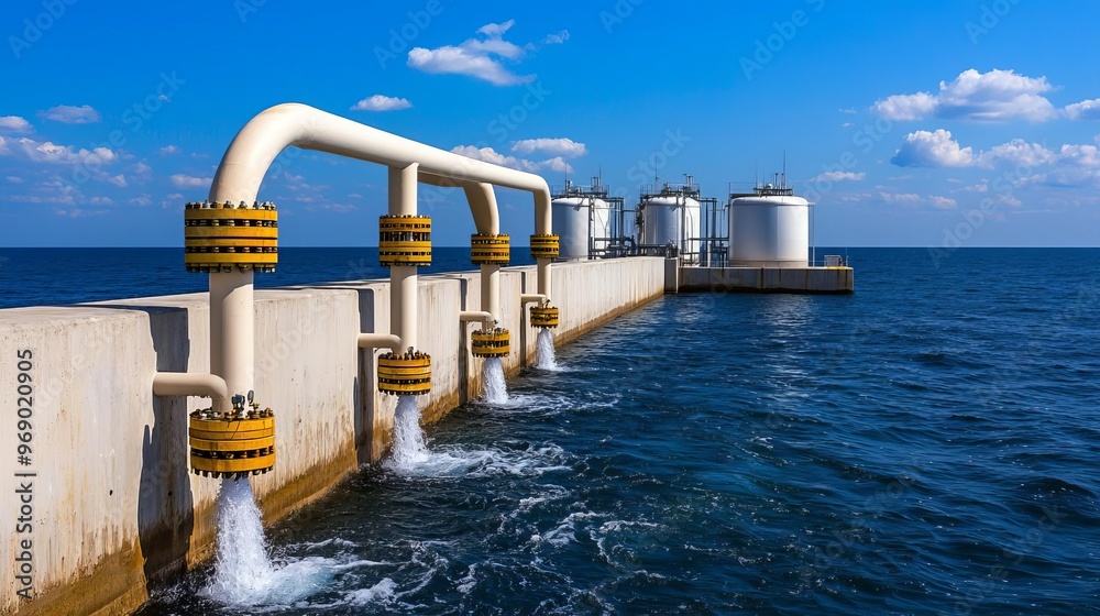 Coastal desalination plant, seawater intake pipes, evaporation tanks ...