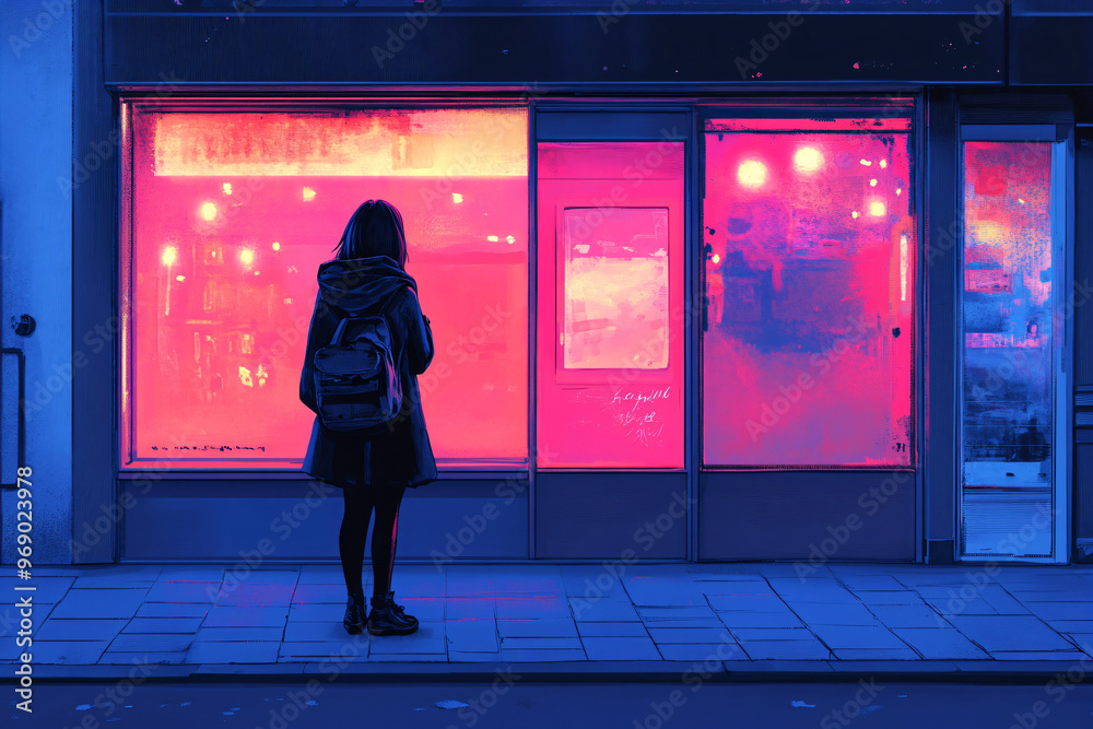 Mysterious silhouette gazing at neon-lit storefront captures urban nightlife essence, perfect ...