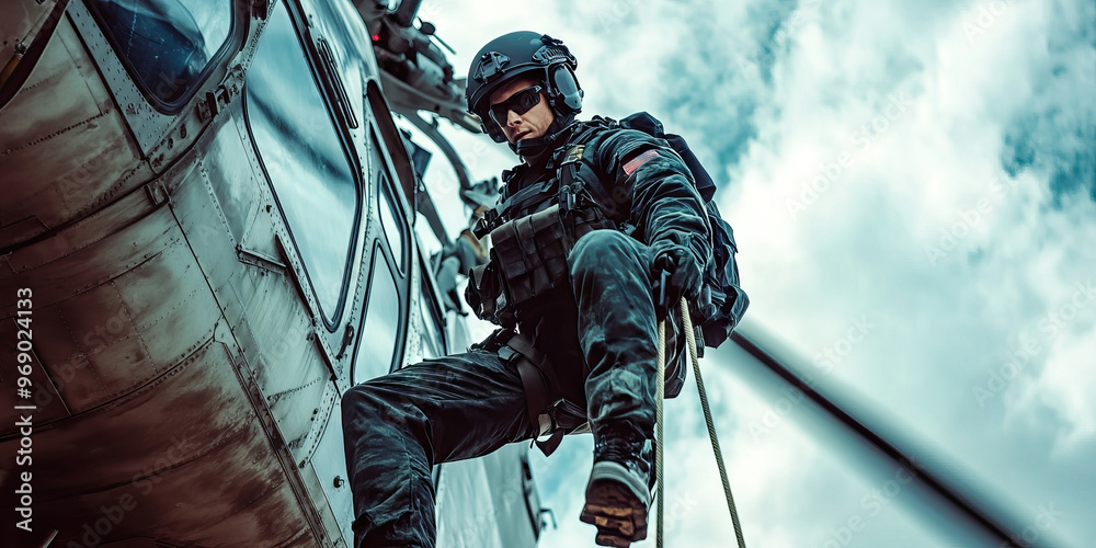 SWAT on the Ground - A SWAT team member rappelling from a helicopter ...