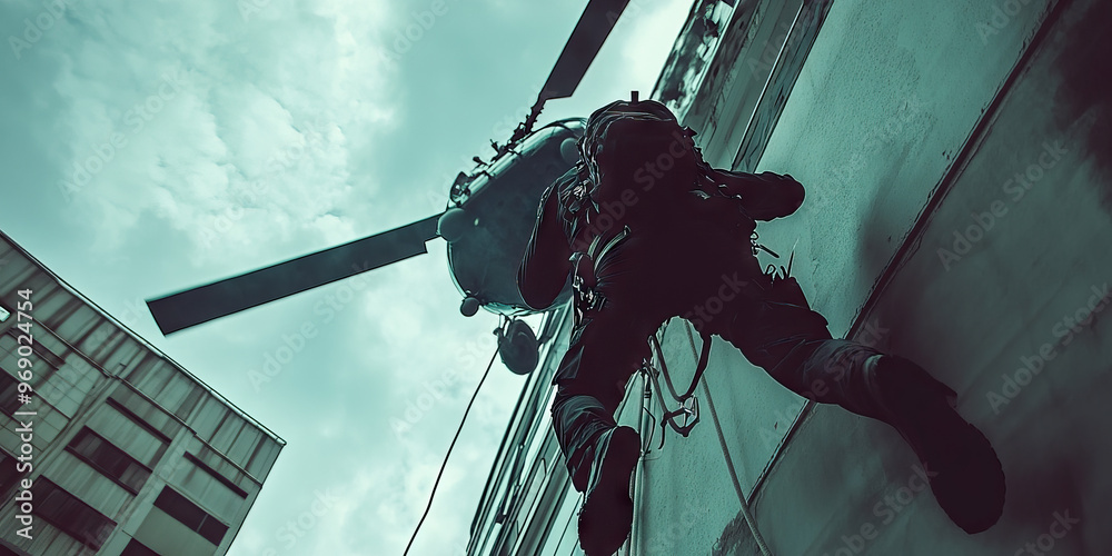 SWAT on the Ground - A SWAT team member rappelling from a helicopter ...
