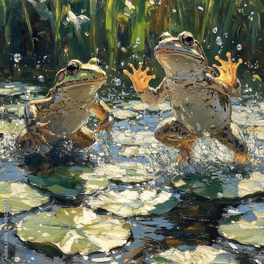 Two frogs joyfully splashing in a pond amongst lily pads, depicting fun ...