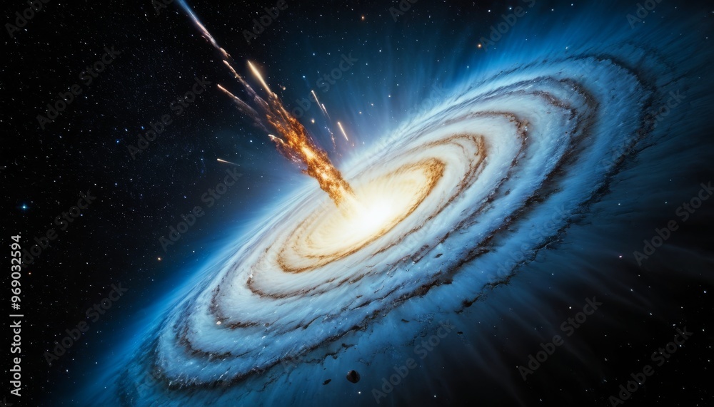 A dramatic depiction of an asteroid impact on a galaxy, creating ...