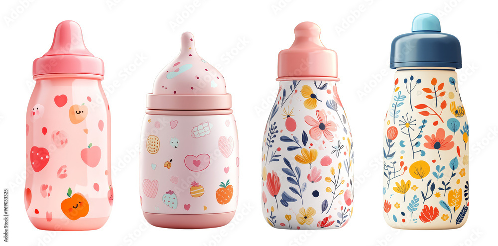 Cute baby bottles with colorful designs for feeding infants and ...