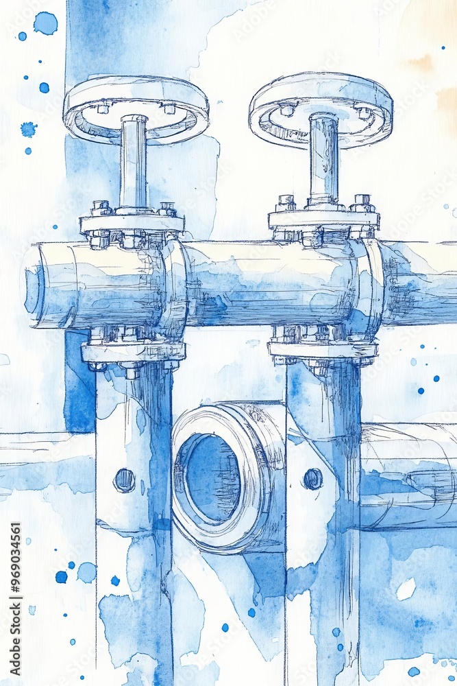 Artistic blue watercolor illustration of industrial pipes and valves ...
