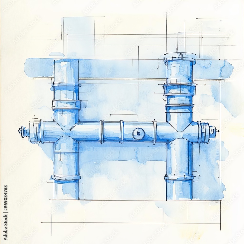 Blue watercolor sketch of a pipe design with technical measurements ...