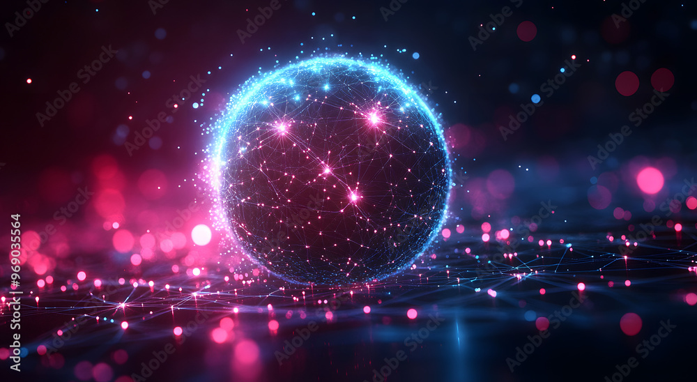 “Abstract Digital Sphere with Glowing Connections and Pulsating Lights, Representing Advanced ...