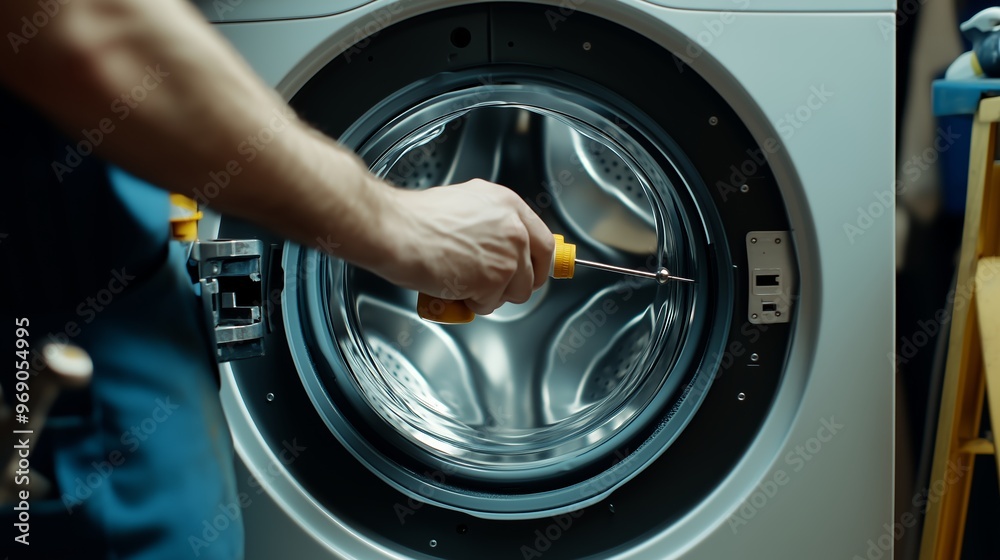 Repairing a washing machine with a screwdriver in a home laundry room ...