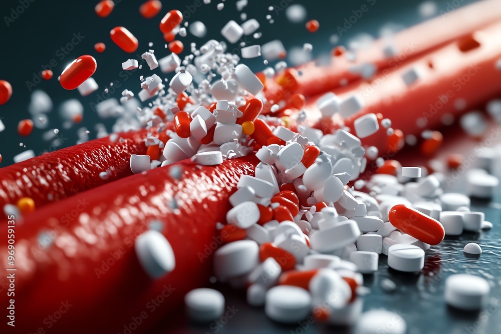 A 3D visualization of a pill breaking apart in the body, releasing its ...