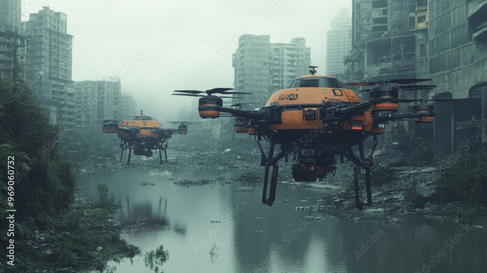 ภาพประกอบสต็อก Autonomous AI-powered emergency evacuation drones in ...
