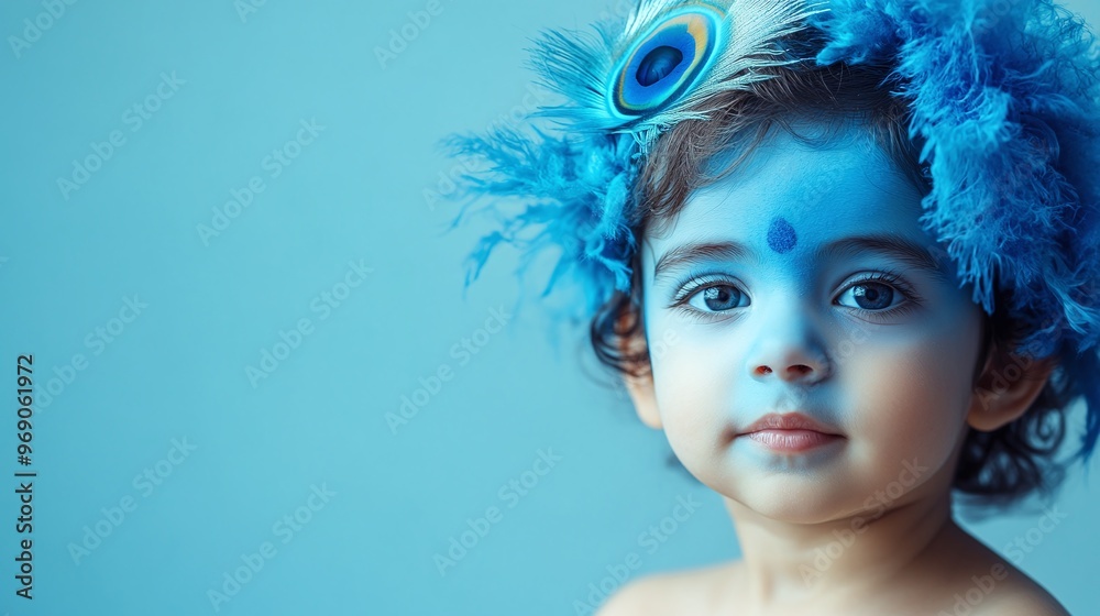 Cute little baby Krishna with blue skin on light background. Birthday ...