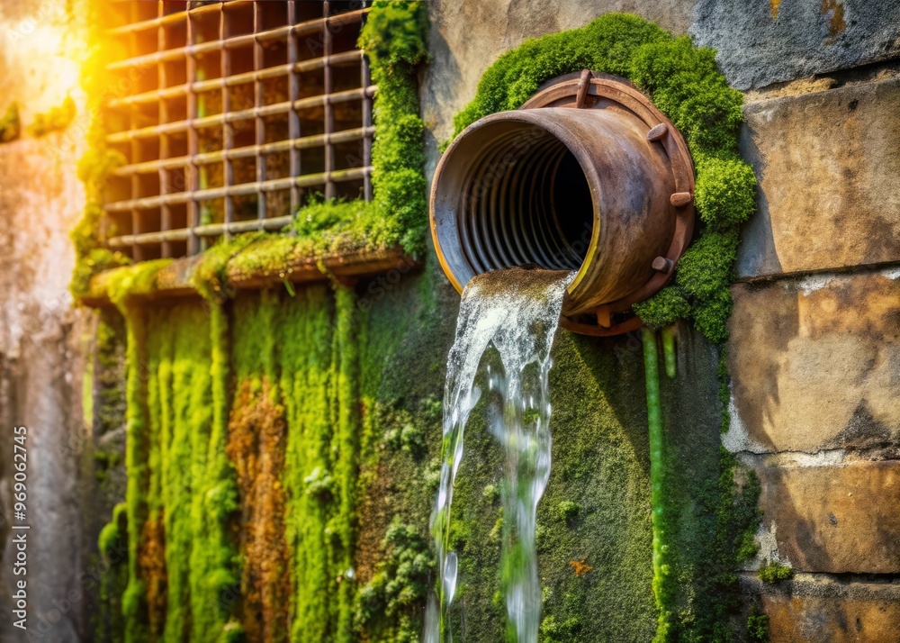 Water splashing from a corroded ac drain pipe on a hot summer day, with ...
