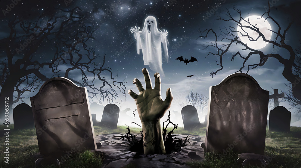 Spooky Gothic Graveyard Scene with Ghosts and Zombies, Ghost and Zombie ...