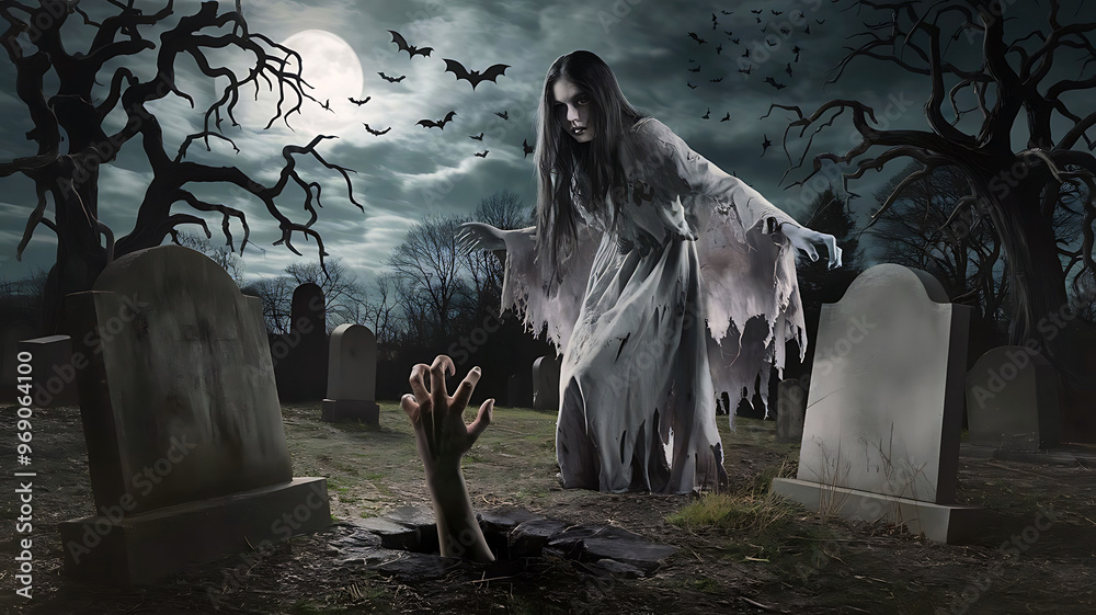 Spooky Gothic Graveyard Scene with Ghosts and Zombies, Ghost and Zombie ...