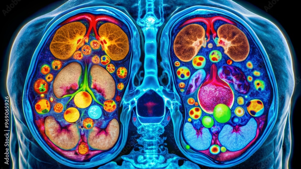 "Misshapen kidneys, calcified liver lesions, and irregularly shaped ...