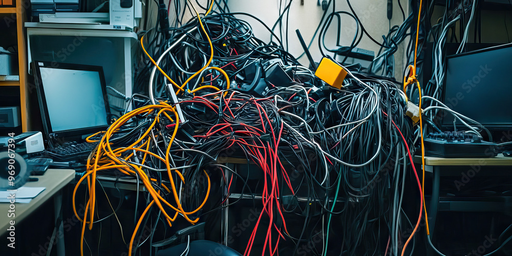 Tech Tangle: A messy pile of cords and cables, winding around chairs ...