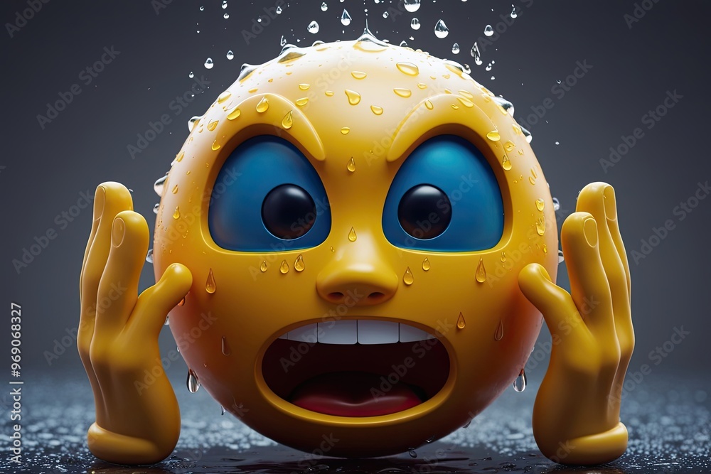 Agitated and Panicked Emoticon Face with Sweat Drops in 3D Rendering ...