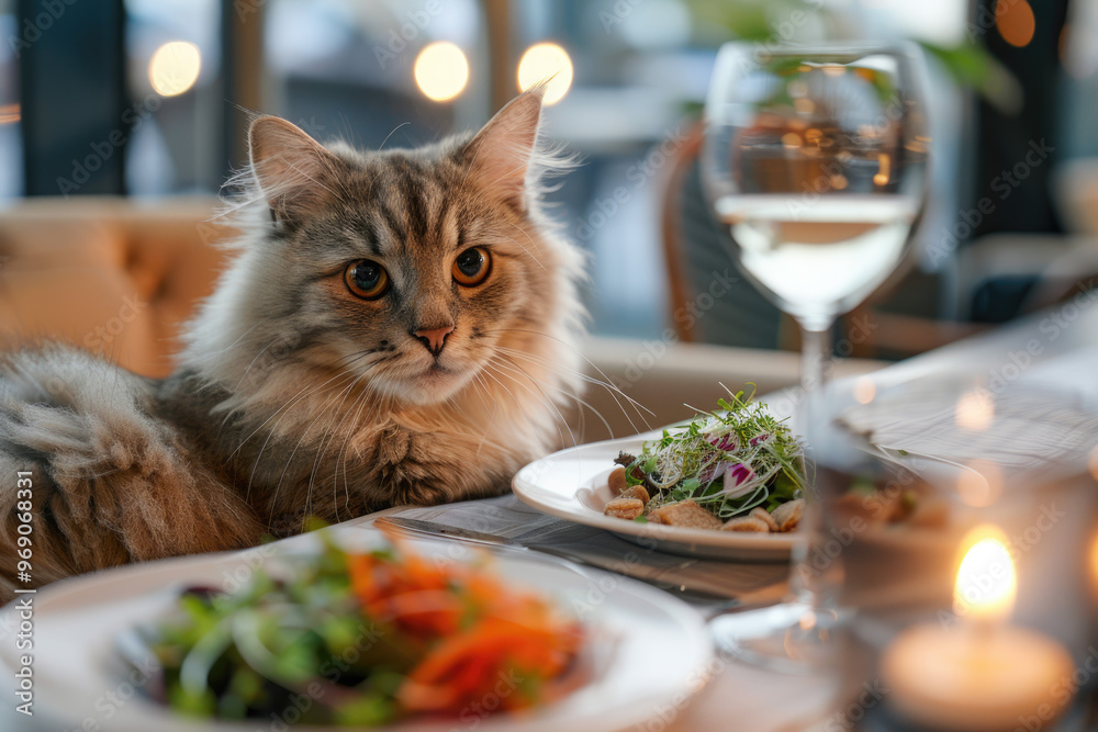 Fluffy Cat Dining at a Restaurant Table with Gourmet Vegetables and ...