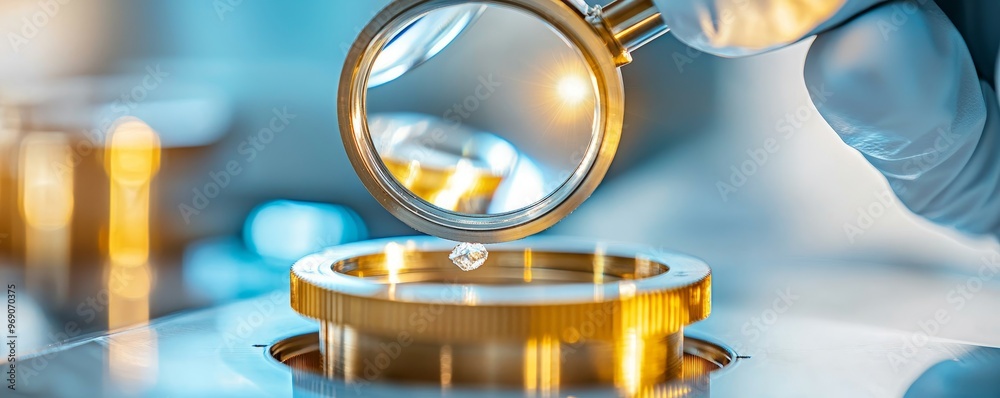 Magnifying glass focused on a tiny defect in a manufactured part ...