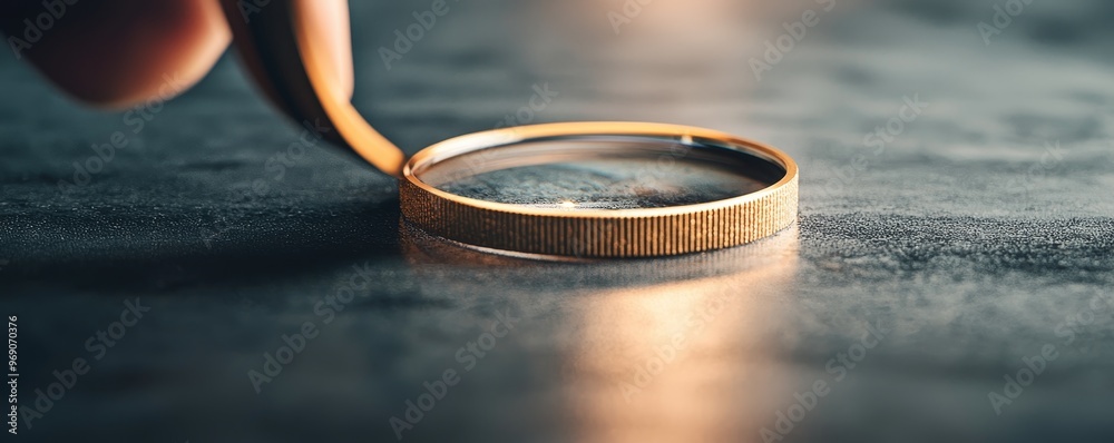 Magnifying glass focused on a tiny defect in a manufactured part ...