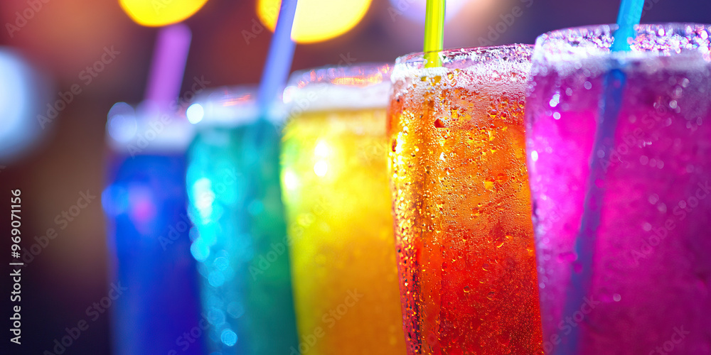 Soda Shoppe Shenanigans: A row of brightly colored sodas, glistening ...