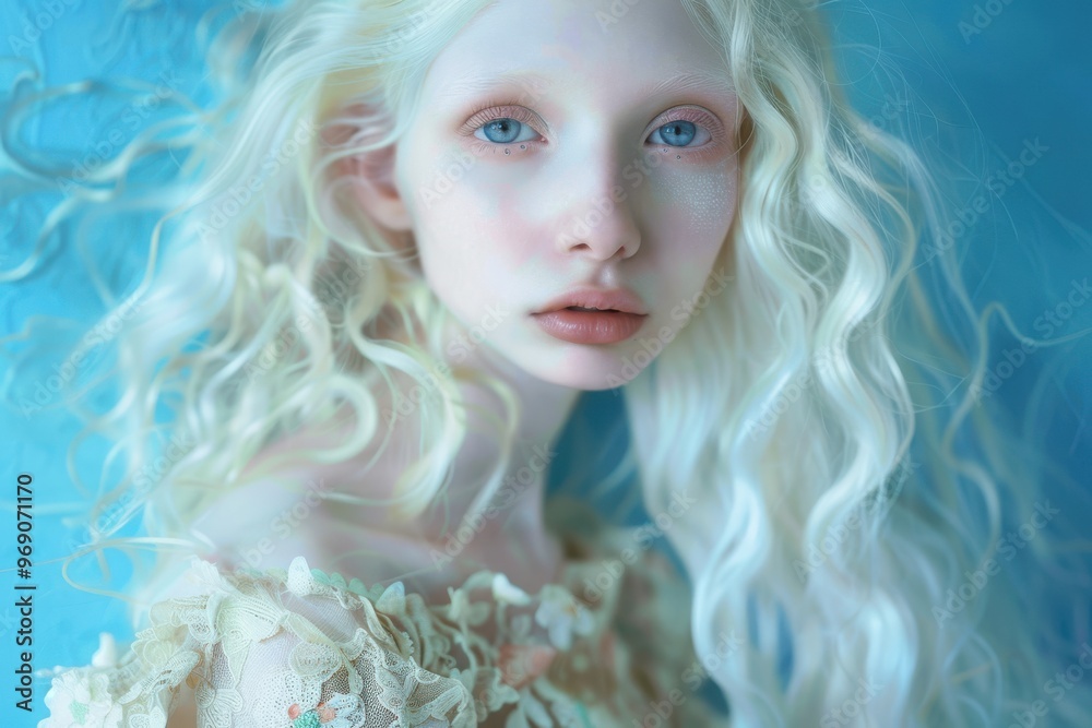 Young beautiful blonde girl on blue background. Albino model look ...